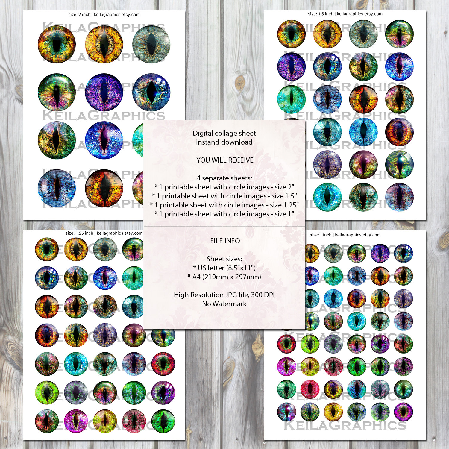 Fantasy Dragon Eyes, Cat Eyes - Digital Collage Sheet - Circle 2" + 1.5 ...