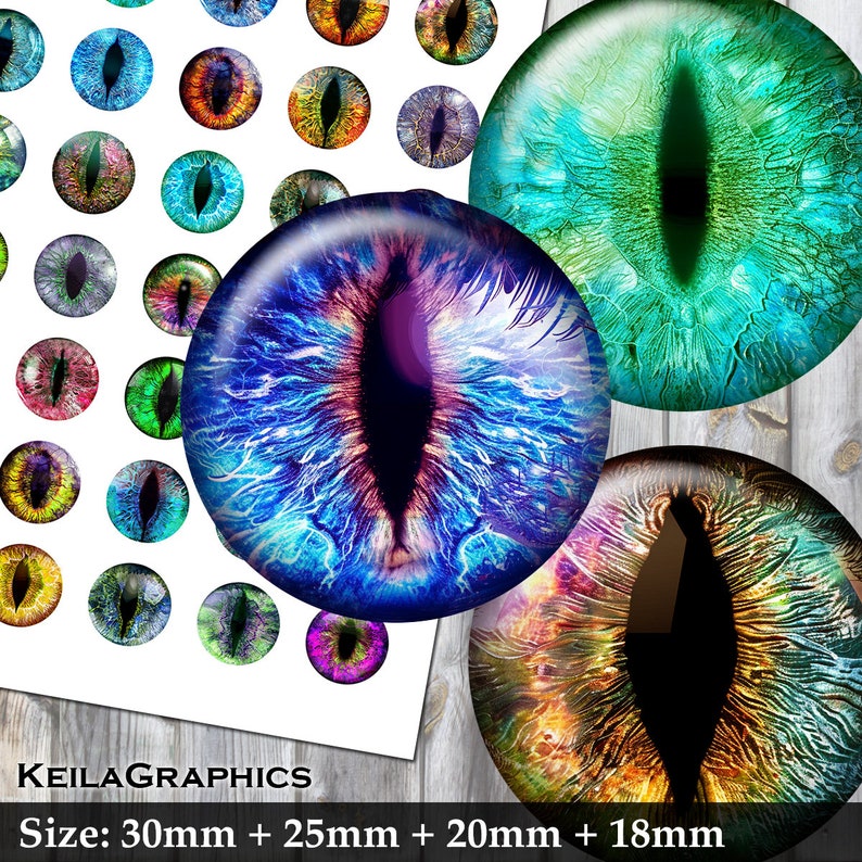 Fantasy Dragon Eyes, Cat Eyes - Digital Collage Sheet - Circle 30mm ...