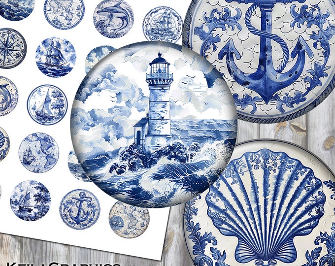 Printable Delft Circle Images Digital Collage Sheet 1.5 Inch 30mm 25 Mm ...