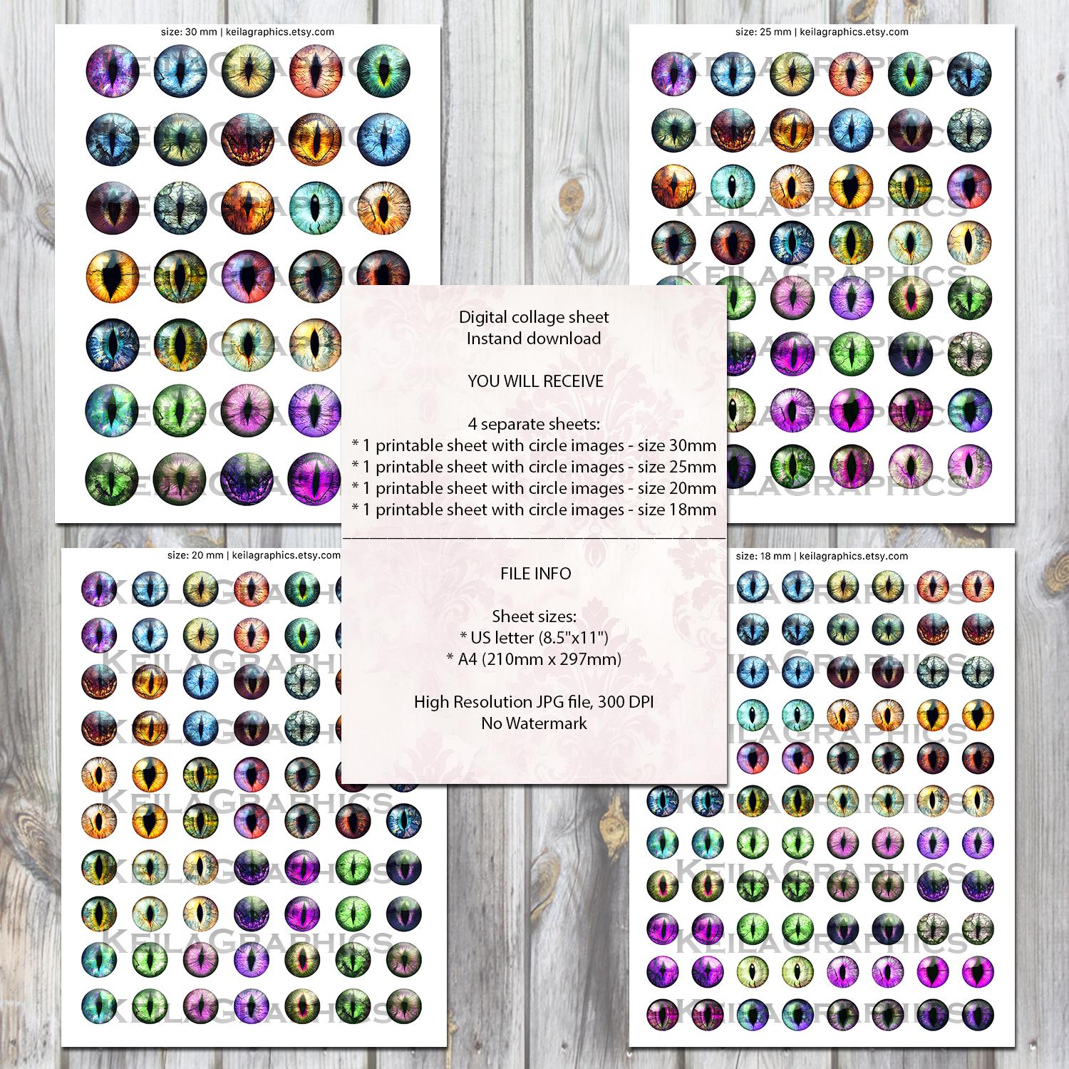 Fantasy Dragon Eyes, Cat Eyes - Digital Collage Sheet - Circle 30mm ...