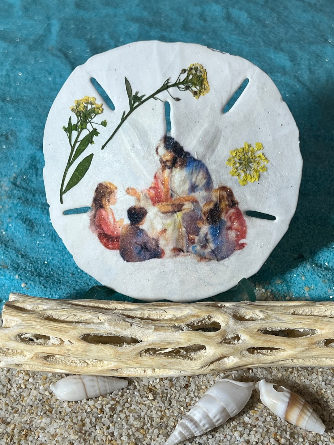 Jesus With Children Decoupaged on a Real Sand Dollar With Dried Flower ...