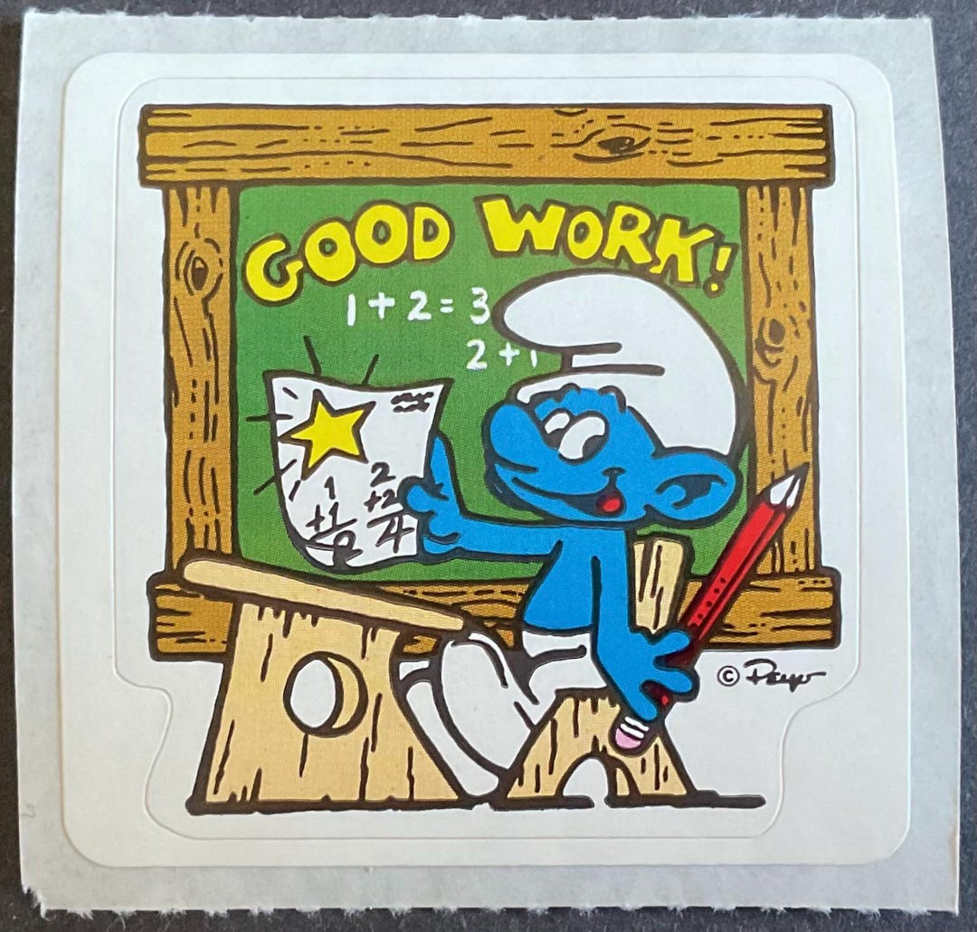 1 Vintage Sticker - the SMURFS - Good Work - I COMBINE SHIPPING - Etsy