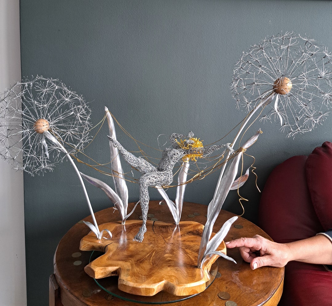 Dandelion Fairy Art, Wire Fantasy Sculpture, Nap in the Meadow, Two ...