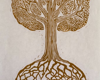 The Great Oak Original Linocut Block Print Oak Tree Art Black and White ...