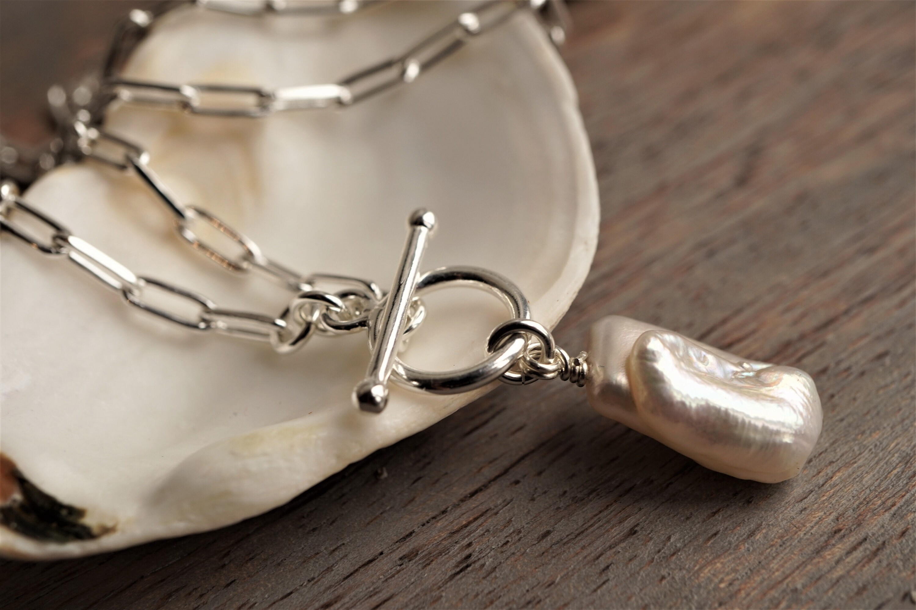 Paperclip Pearl Sterling Silver Necklace Long Link Necklace Etsy