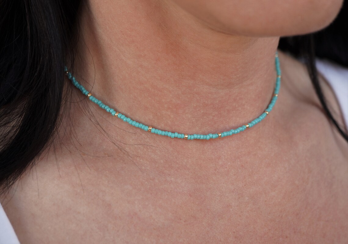 Turquoise Gold Beaded Choker Summer Choker lightweight | Etsy