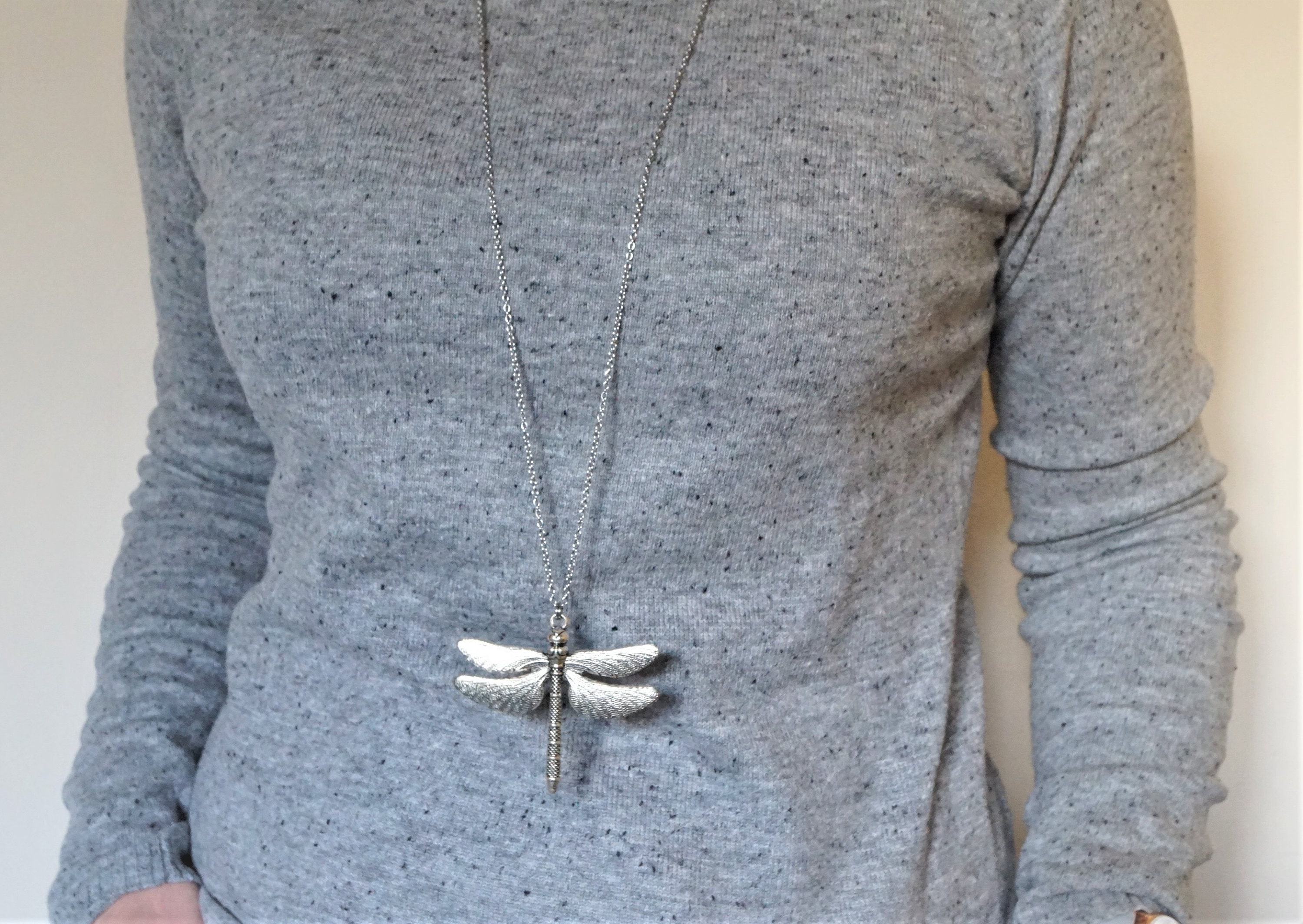 Large Dragonfly Pendant Long Chain Necklace *boho * Long Necklace *good ...