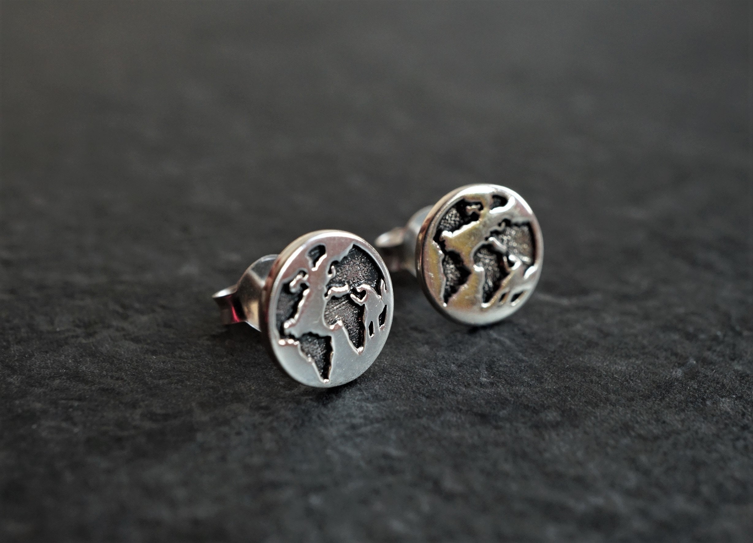 Sterling Silver Earth Ear Stud Word Map Earrings Traveller - Etsy UK