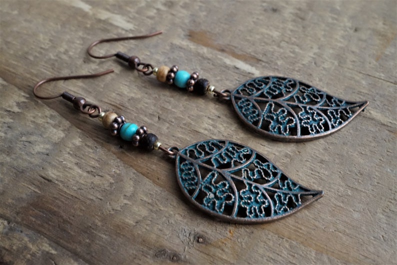 Long Filigree Rustic Copper Green Leaf Earrings Boho | Etsy