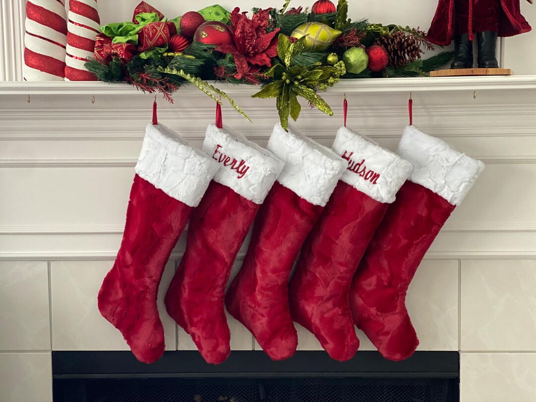 Christmas Stockings, Personalized, Red Fur Christmas Stockings, Family ...