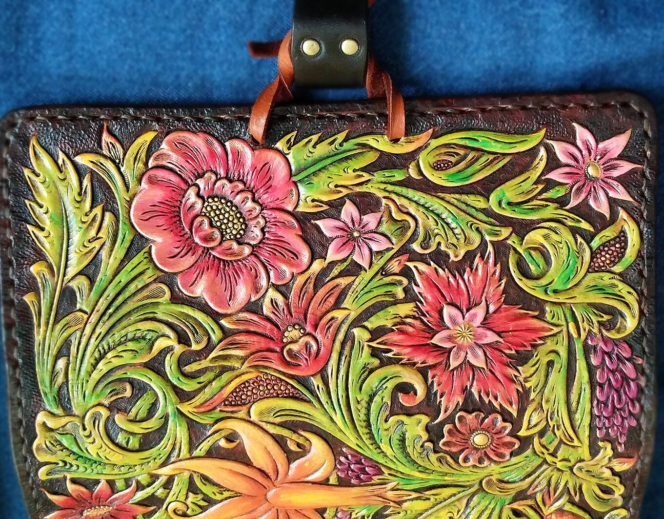 Wallet Tooled Ladies biker leather A_S Flowers hand carved | Etsy