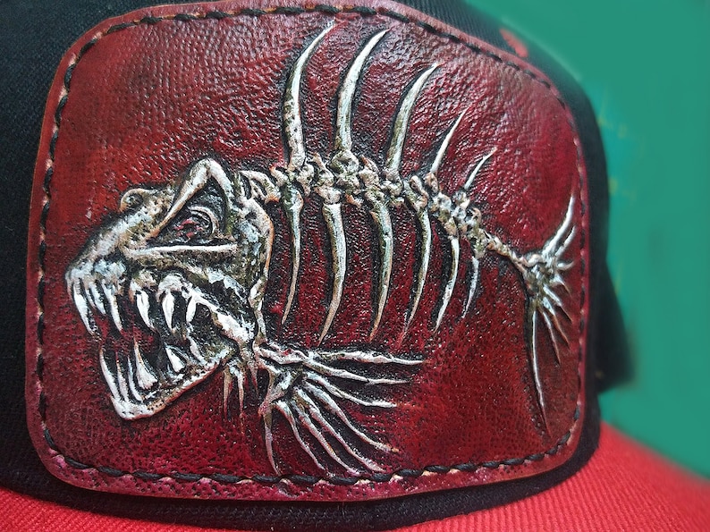 Patch Fish Skeleton With Red Eye Tooled Leather & Cap - Etsy
