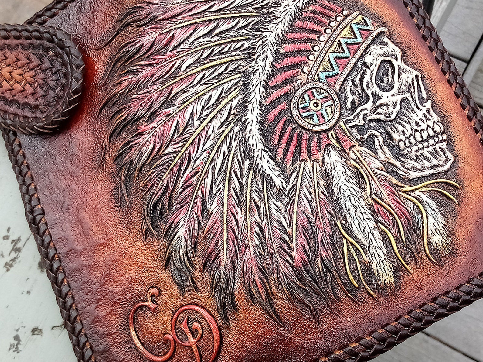 Biker Wallet Indian Skull Hand Tooled Hand Carved_belt Loop - Etsy