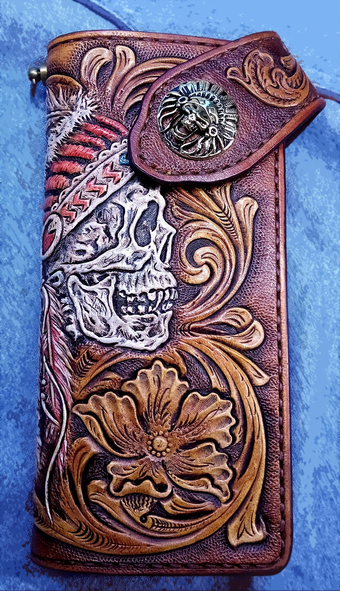 Indian Skull Biker Wallet Personalized Sheridan Floral Hand - Etsy