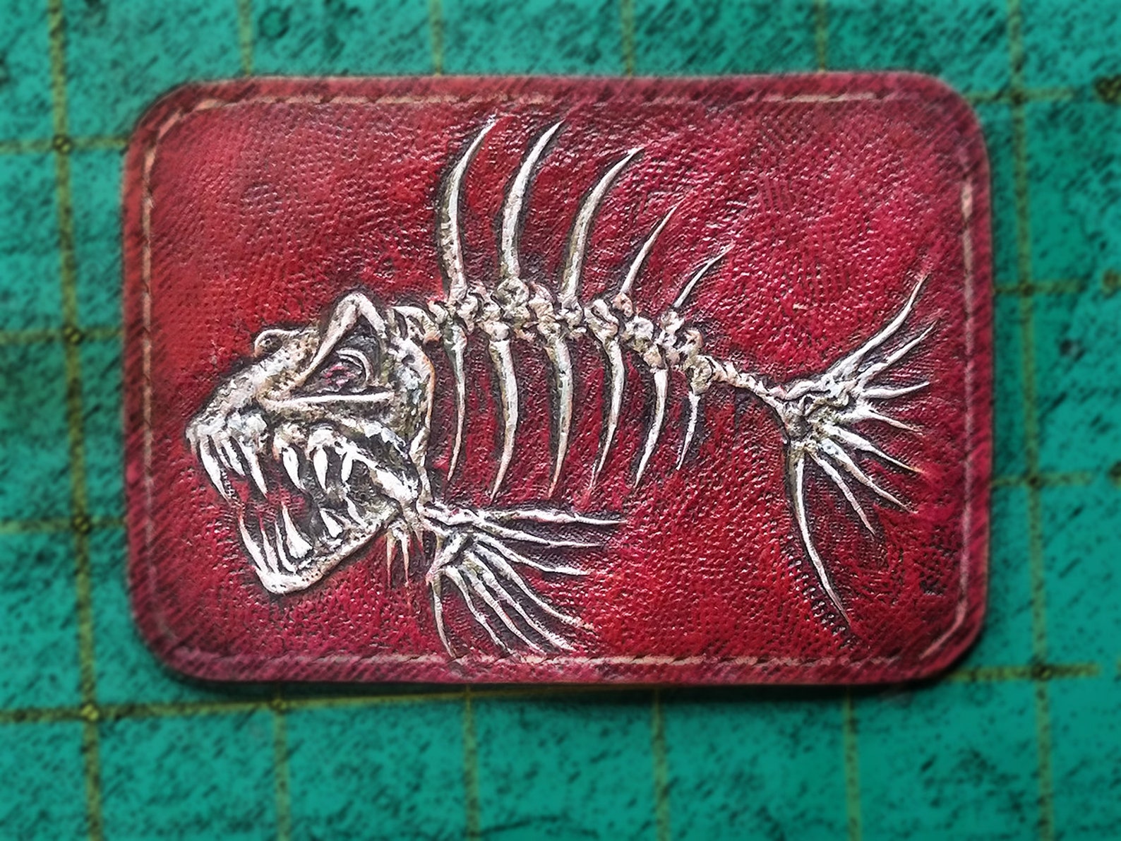 Patch Fish Skeleton With Red Eye Tooled Leather & Cap - Etsy