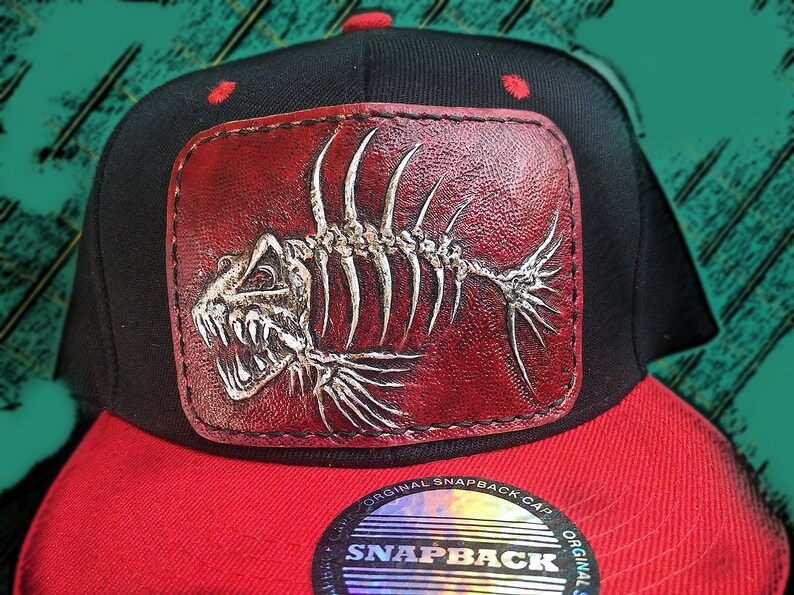 Patch Fish Skeleton With Red Eye Tooled Leather & Cap - Etsy