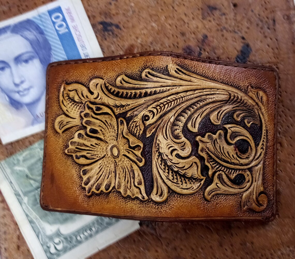 Tooled wallet hand carved floral sheridan western style biker | Etsy
