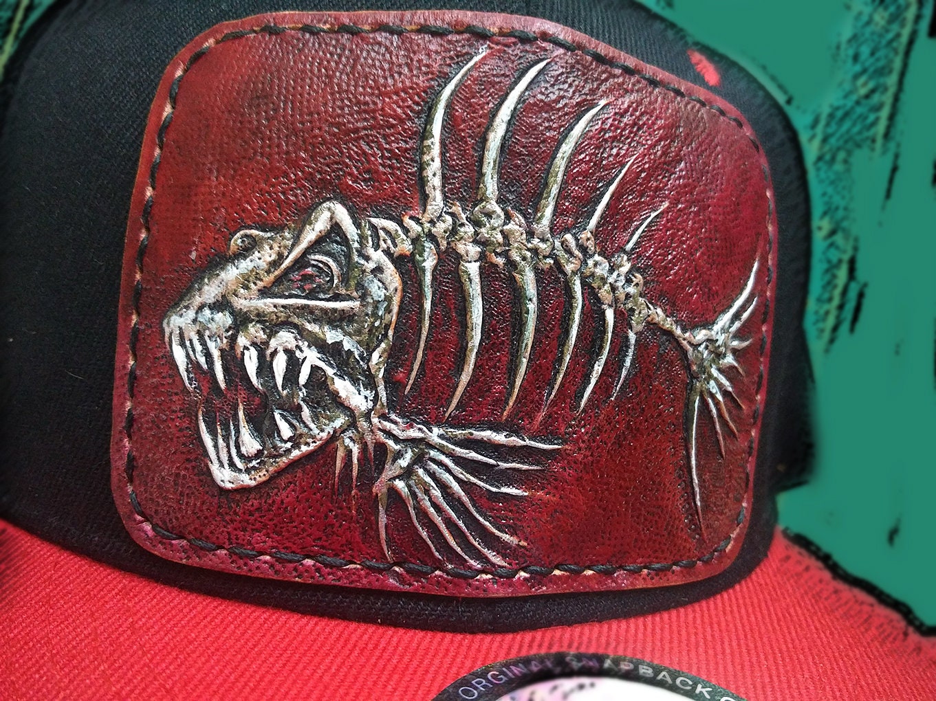 Patch Fish Skeleton with Red Eye Tooled Leather & Cap | Etsy