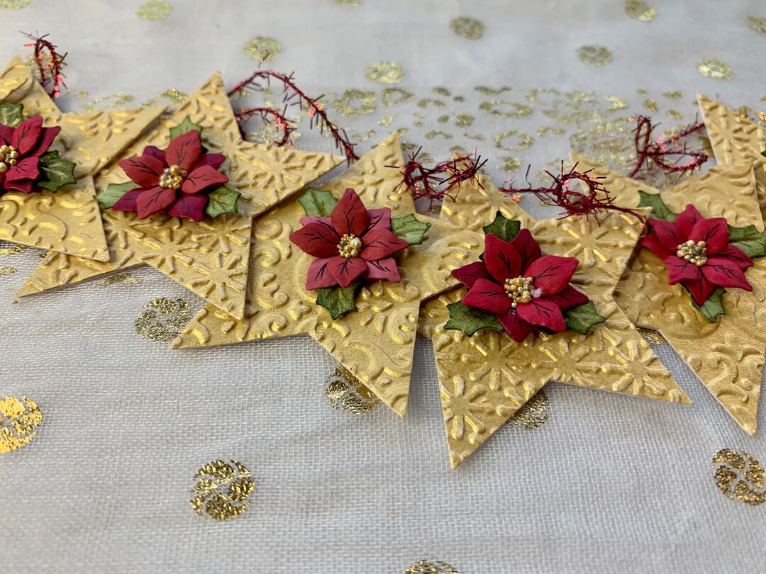 Gold Embossed Star Garland With Tiny Poinsettias Nochebuenas - Tiny Red ...
