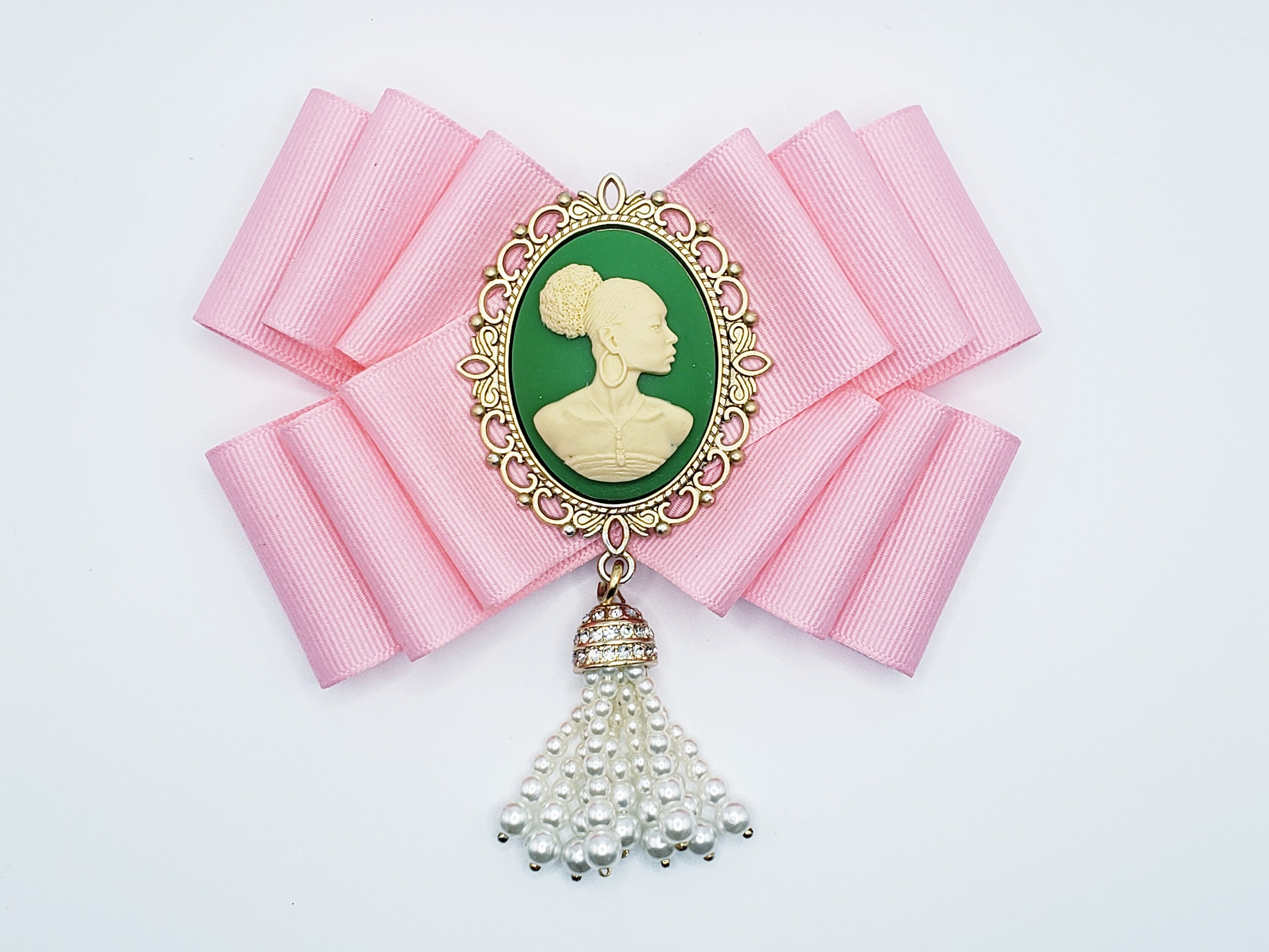 Pink and Green Large Bow Brooch With African Cameo, Sorority Gift, AKA ...