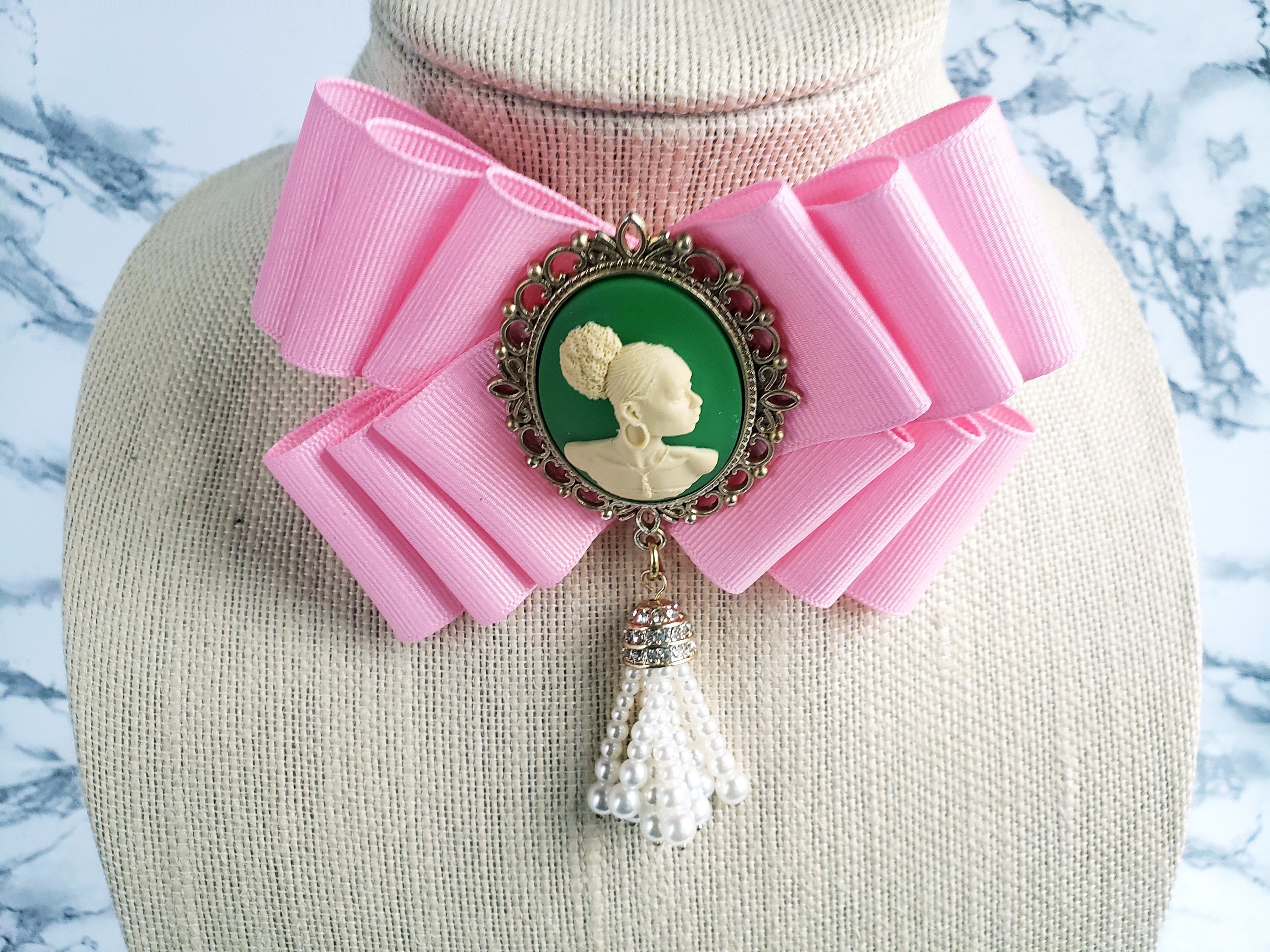 Pink and Green Large Bow Brooch With African Cameo, Sorority Gift, AKA ...