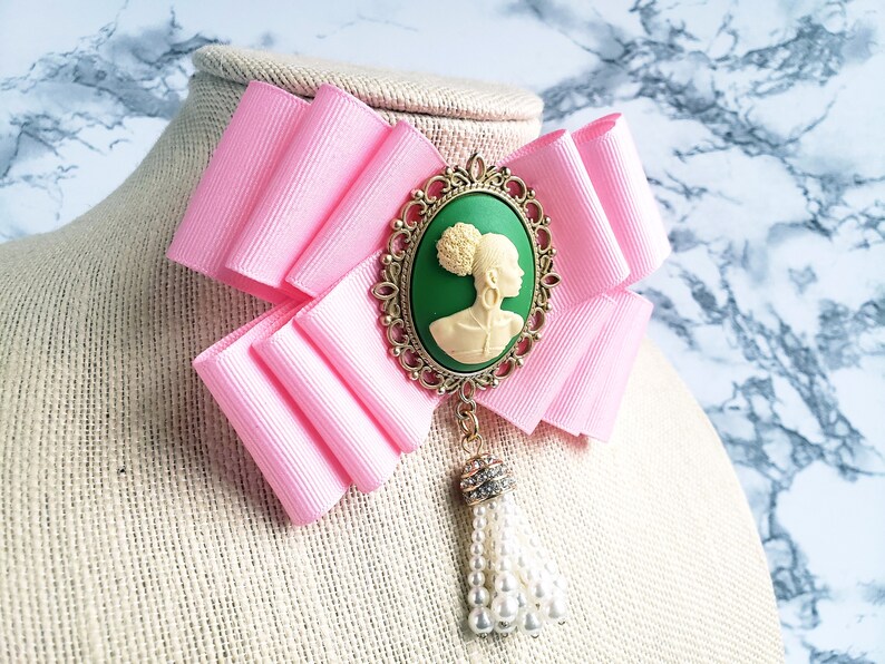 Pink and Green Large Bow Brooch With African Cameo, Sorority Gift, AKA ...