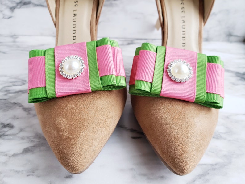 Pink and Green Shoe Clips With Round Faux Rhinestone Pearl - Etsy