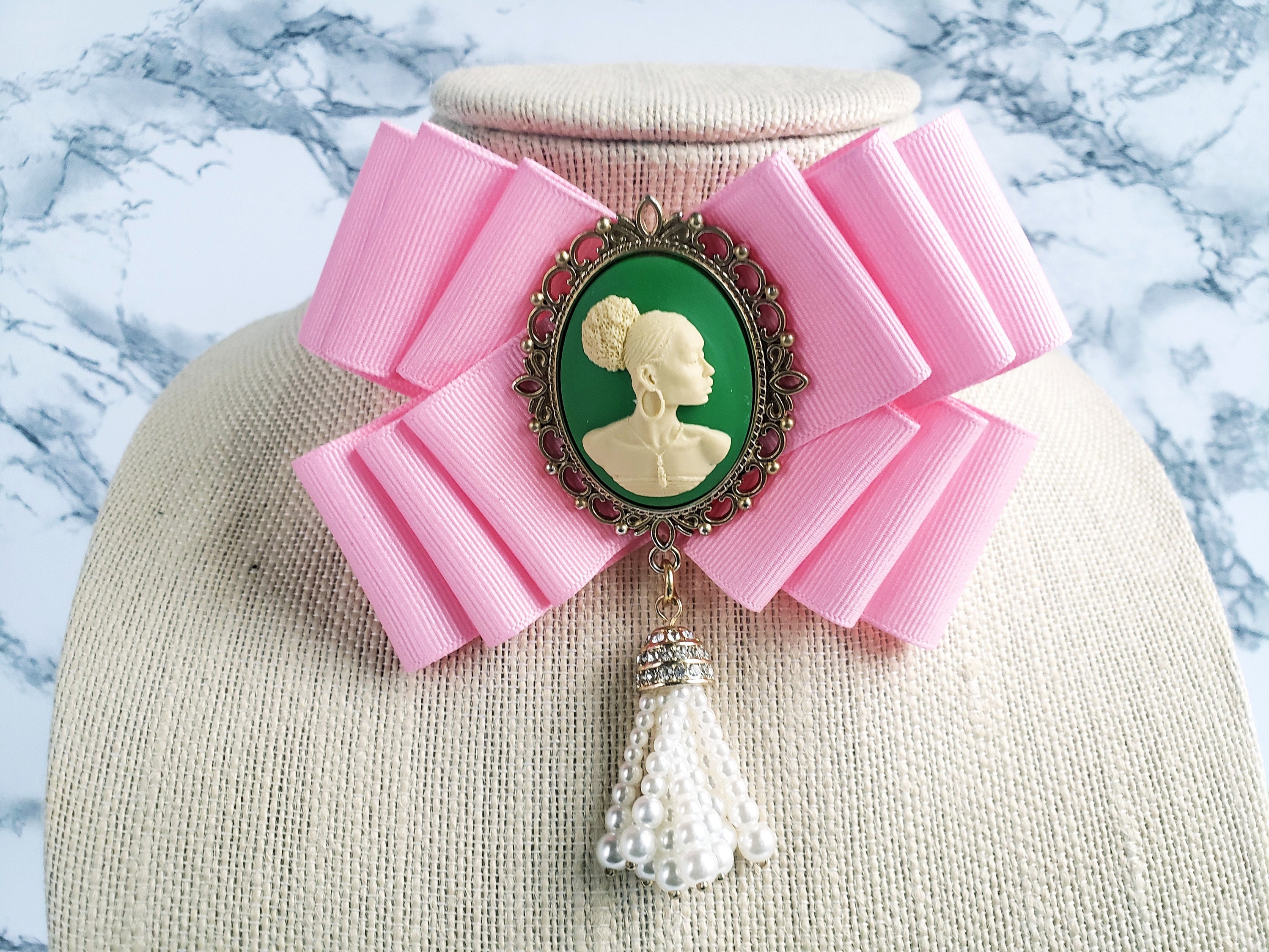 Pink and Green Large Bow Brooch With African Cameo, Sorority Gift, AKA ...
