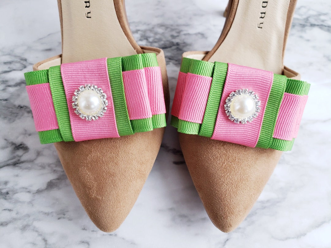 Pink and Green Shoe Clips With Round Faux Rhinestone Pearl, Sorority ...