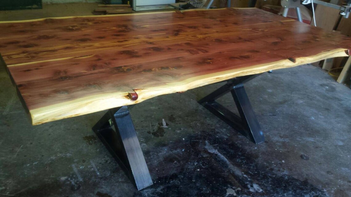 Cedar Dining Table With Custom Base, Cedar Table, Live Edge, Metal Base ...