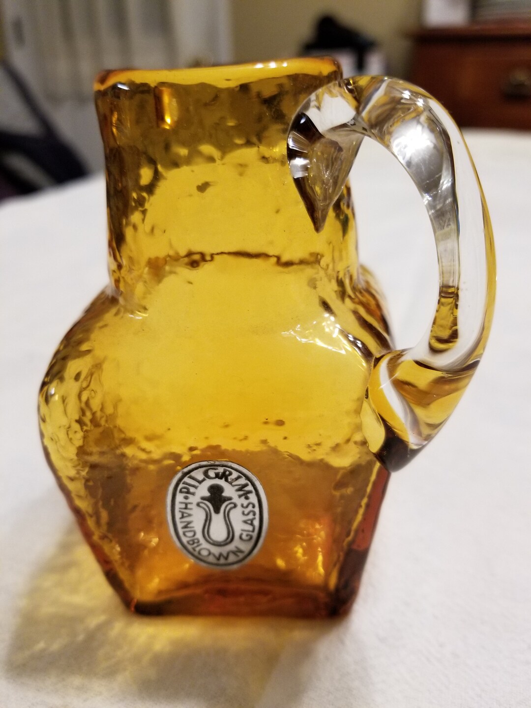 Vintage Pilgrim Amber Glass Pitcher. 4" Tall and 3 1/2" at Widest. Has ...