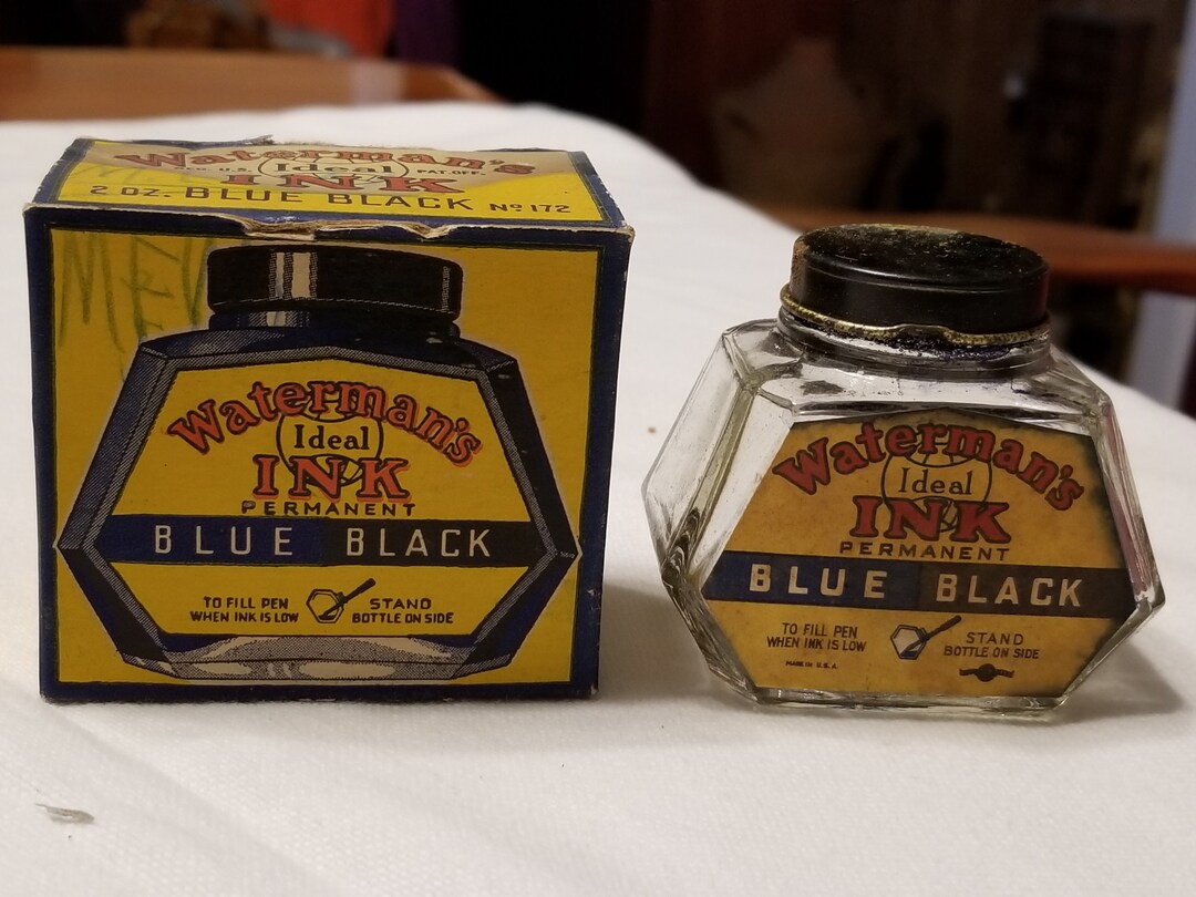 Vintage 1944 Waterman's Blue Black Permanent Ink 2 Oz. Bottle and in ...