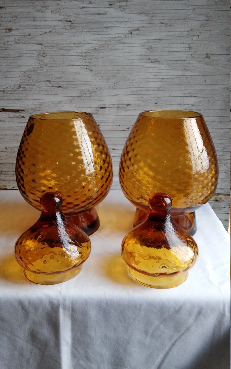 Vintage Action-lobeco Handcrafted in Italy Pair of Amber Pedestal Glass ...