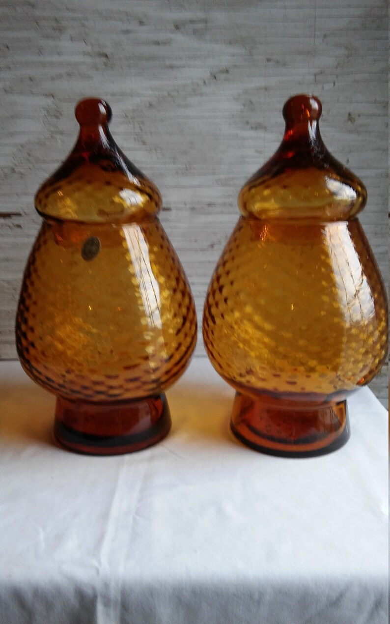 Vintage Action-lobeco Handcrafted in Italy Pair of Amber Pedestal Glass ...