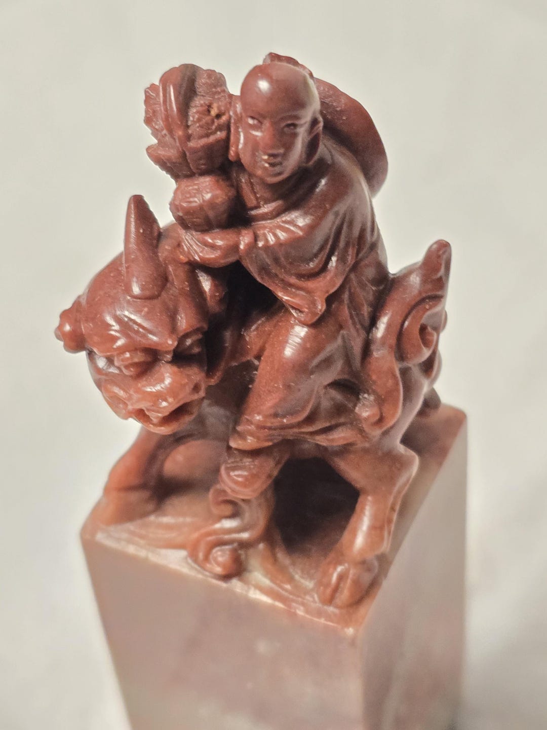 Chinese Monk on Mythical Beast. Shoushan Stone Carving. Agalmatolite ...