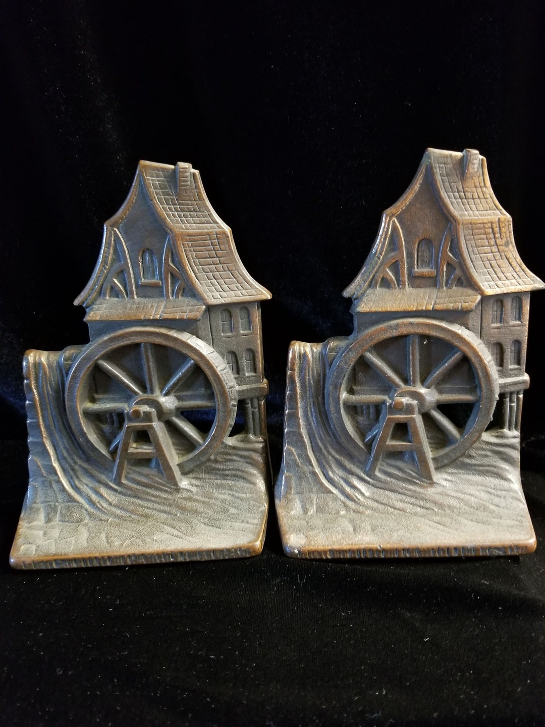 Vintage Bookends by Verona. Depicted is a Grist Mill. Beautiful Patina ...