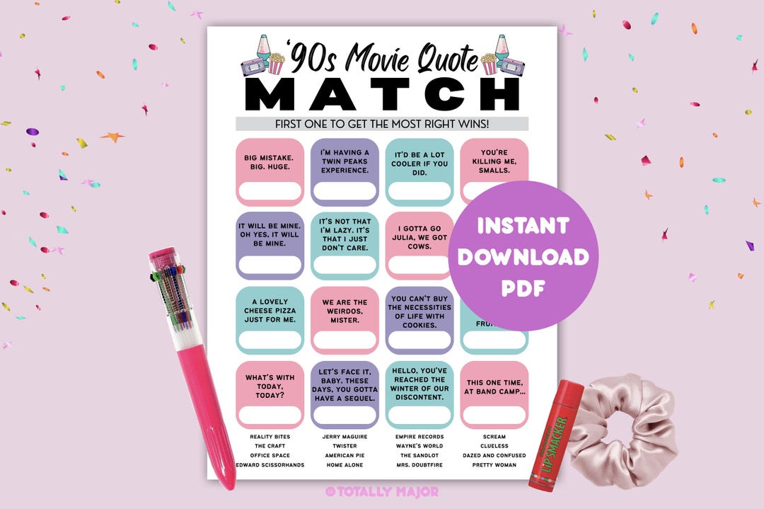90s Movie Quote Match Printable Game | Instant Download | Bachelorette ...