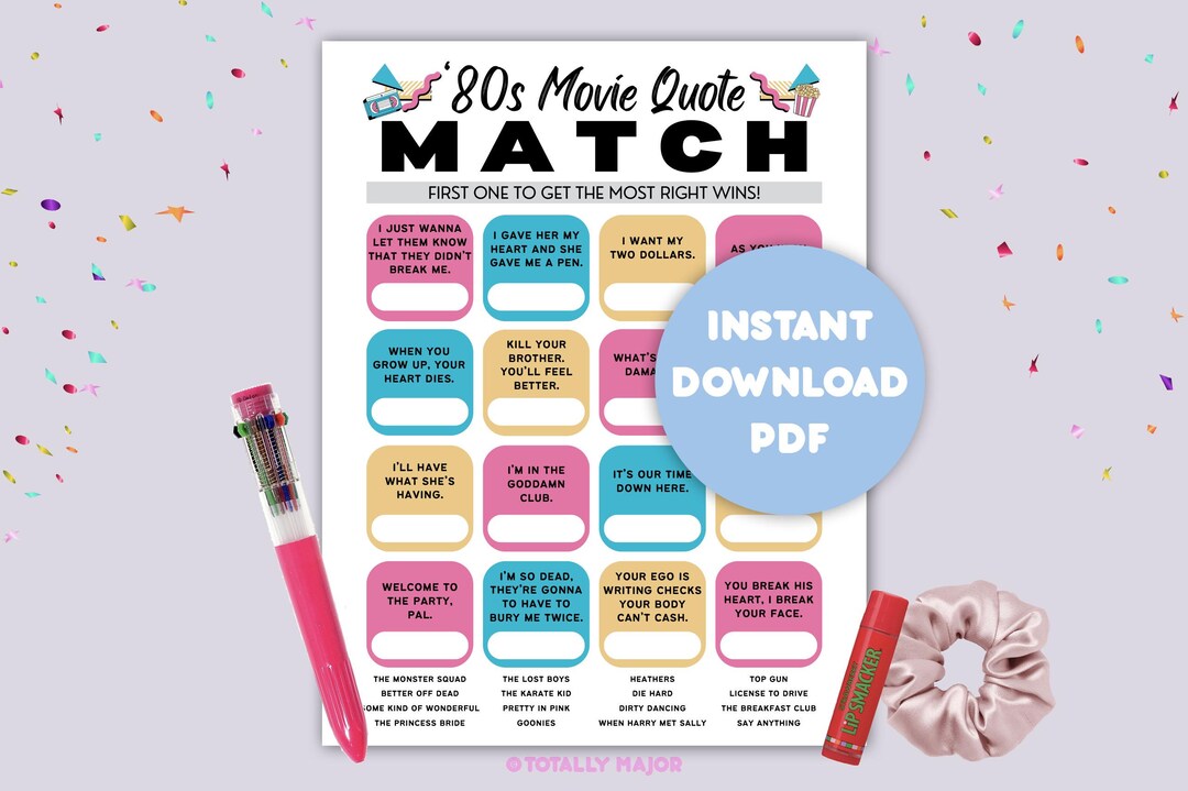 80s Movie Quote Match Game | Printable Bachelorette, Bridal Shower (PDF ...