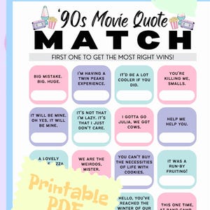 90s Movie Quote Match Printable Game | Instant Download | Bachelorette ...