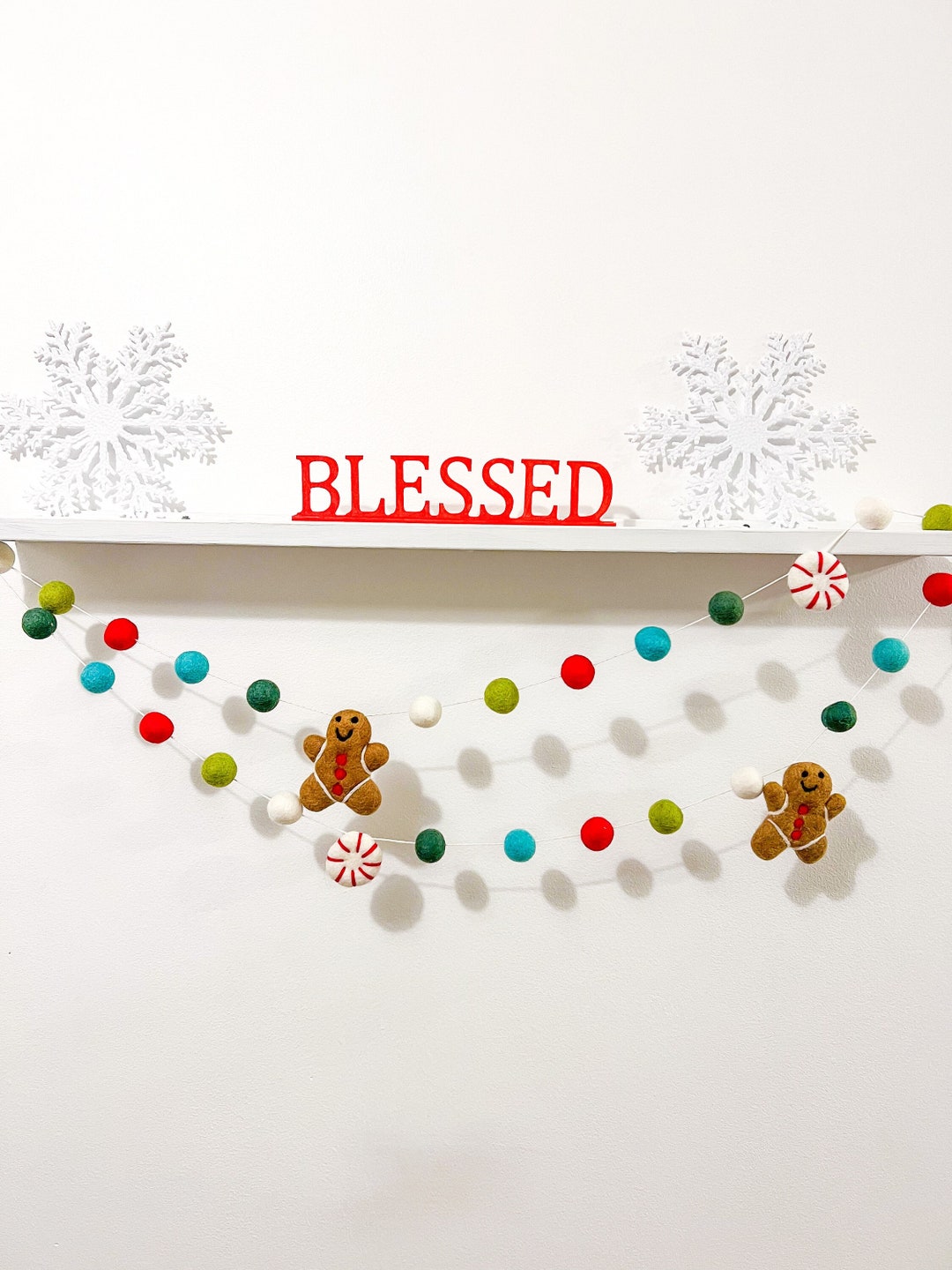 Retro Gingerbread Man Garland, Christmas Peppermint Pom Pom Garland ...