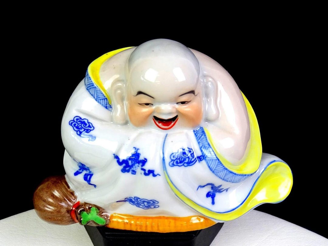 Chinese Porcelain Hotei Laughing Buhdda Good Fortune Blue Vintage 6 ...