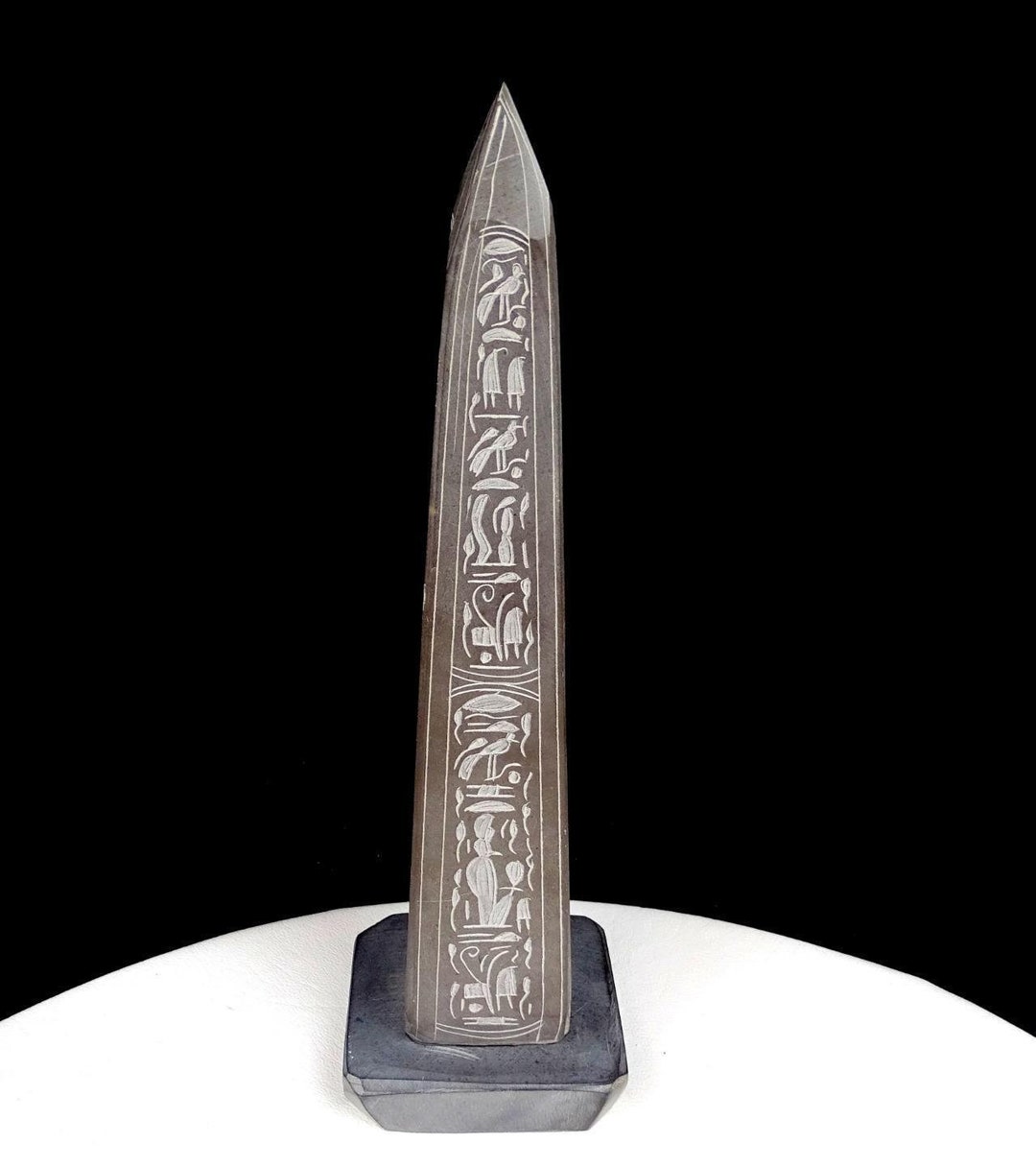 Egyptian Stone Obelisk Hand Made Hieroglyphic Etched Vintage 9 Statue ...