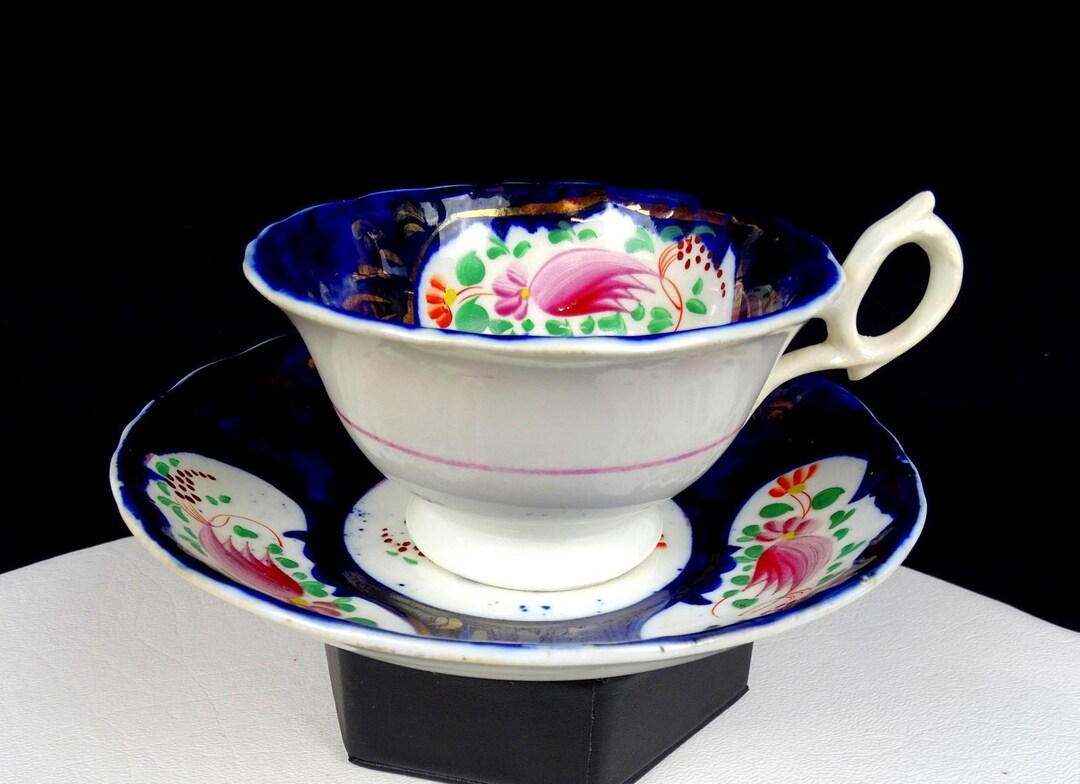 Gaudy Welsh Staffordshire Porcelain Columbine 2 1/4" Cup & Saucer Set ...