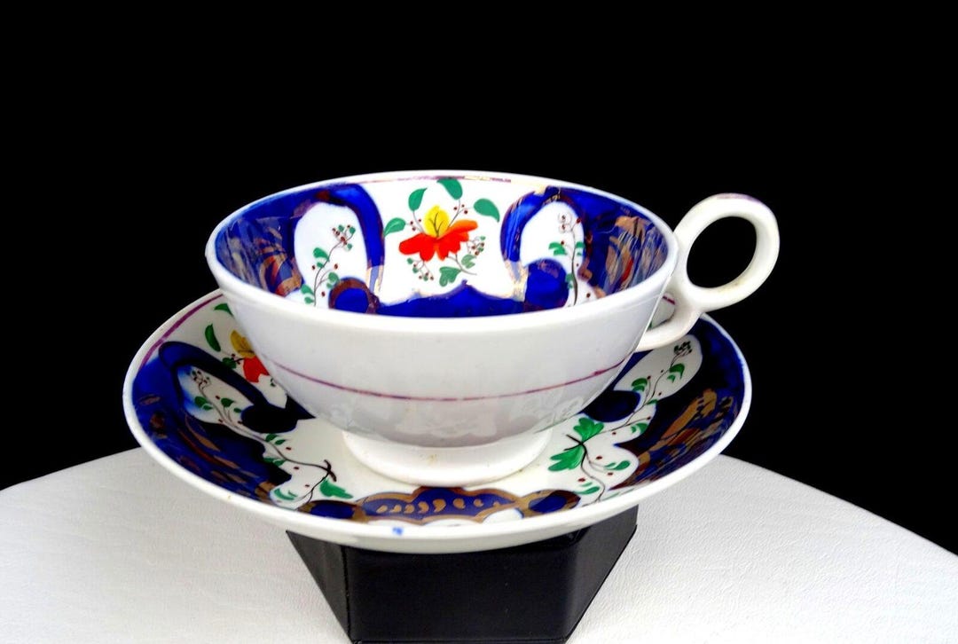 Gaudy Welsh Staffordshire Porcelain Floral Antique 2 1/8 Cup & Saucer ...