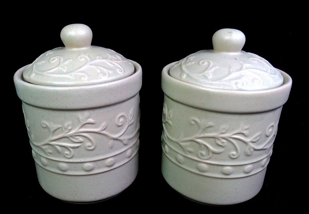 Vintage Stoneware Embossed Vines and Buttons Green Tint 2 Piece 7 7/8 ...