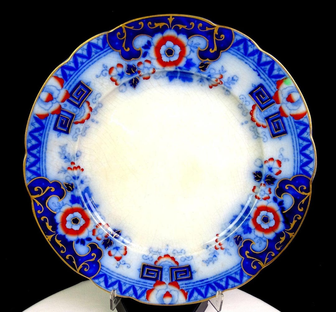 Mercer Pottery Co Derby Pattern Flow Blue & Gold 9 3/4" Dinner Plate ...