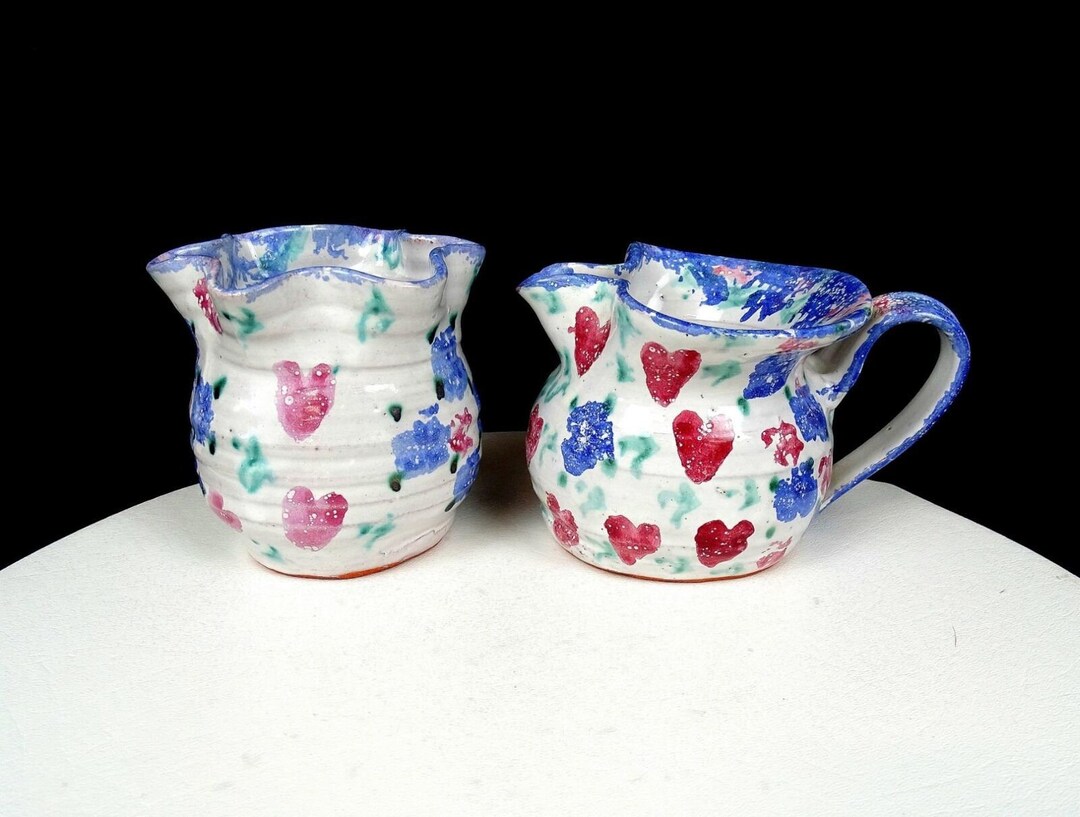 Studio Art Pottery Signed Red Clay Blue Check 3 5/8" Spongeware Creamer ...