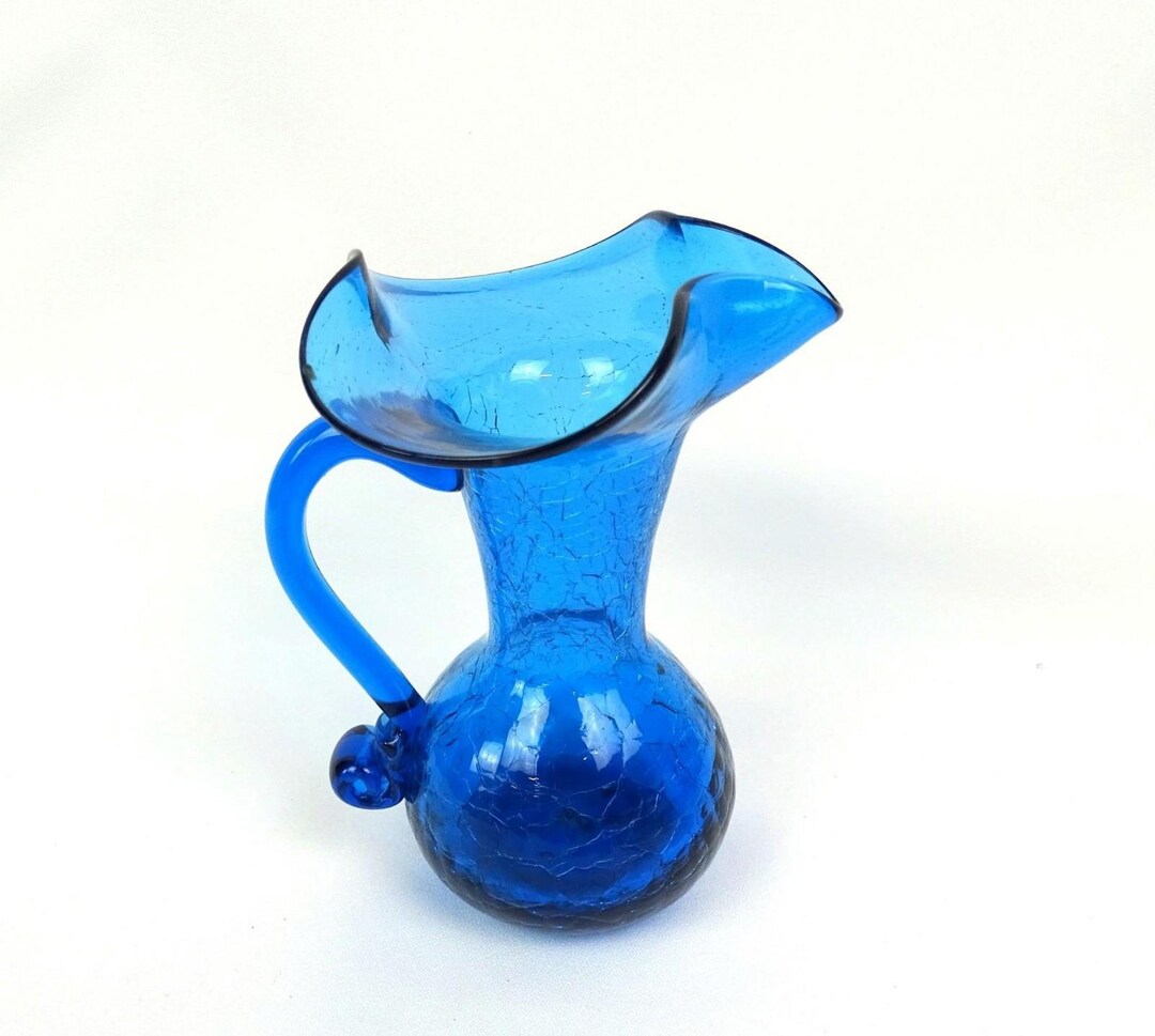 Pilgrim Glass Blue Crackle Tri Corner Vintage 5 1/4" Mini Pitcher 1960s ...