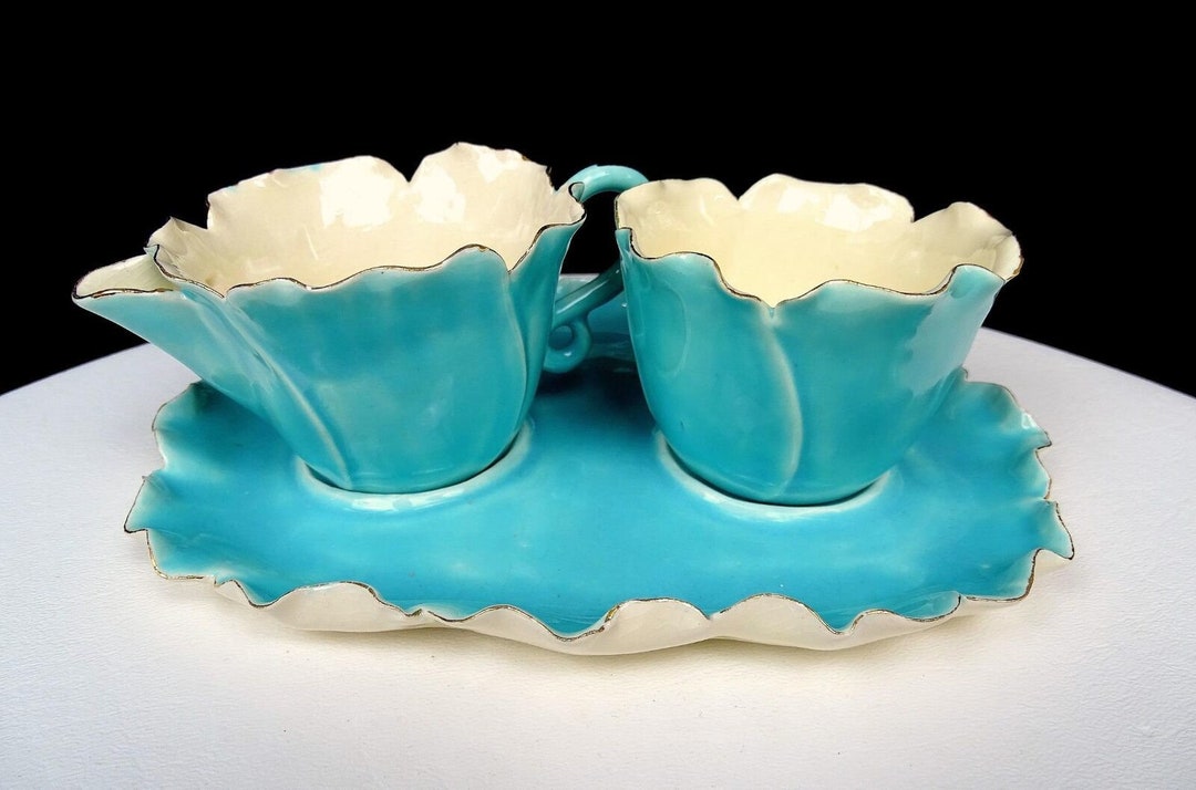 Ruth Ann Handmade Original Porcelain Blue Tulip Form 3 Pc Creamer Sugar ...