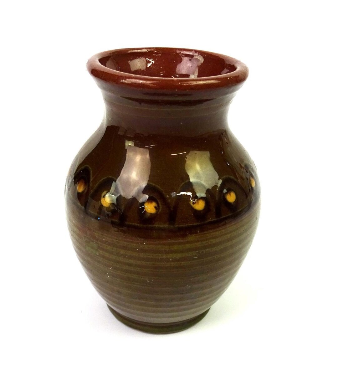 Studio Art Pottery Red Ware Geometric Undulating Lines & Dots Ringed 4 ...